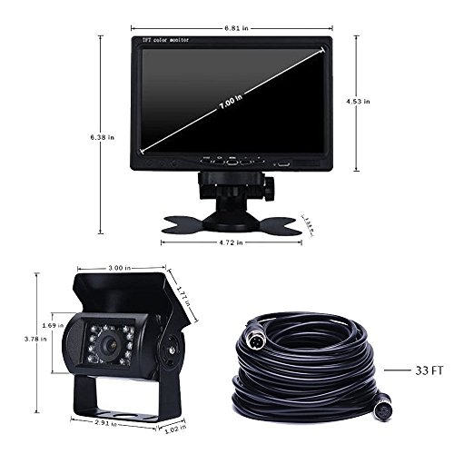 Camecho Vehicle Backup Camera 7" Monitor,18 IR Night Vision Rear View Camera Without Guide Line IP 68 Waterproof, 4 Pins Aviation Extension Cable for 33FT Length RVs, Bus, Trailer,Truck
