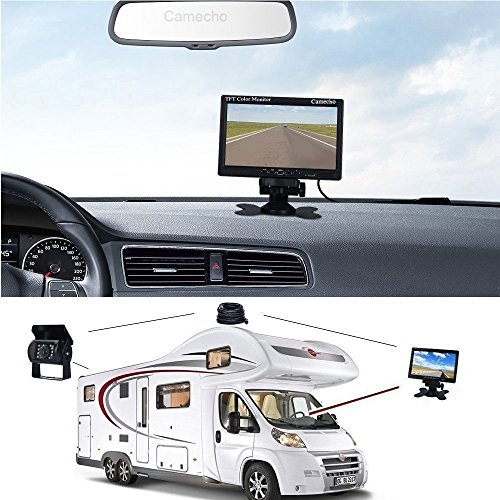 Camecho Vehicle Backup Camera 7" Monitor,18 IR Night Vision Rear View Camera Without Guide Line IP 68 Waterproof, 4 Pins Aviation Extension Cable for 33FT Length RVs, Bus, Trailer,Truck
