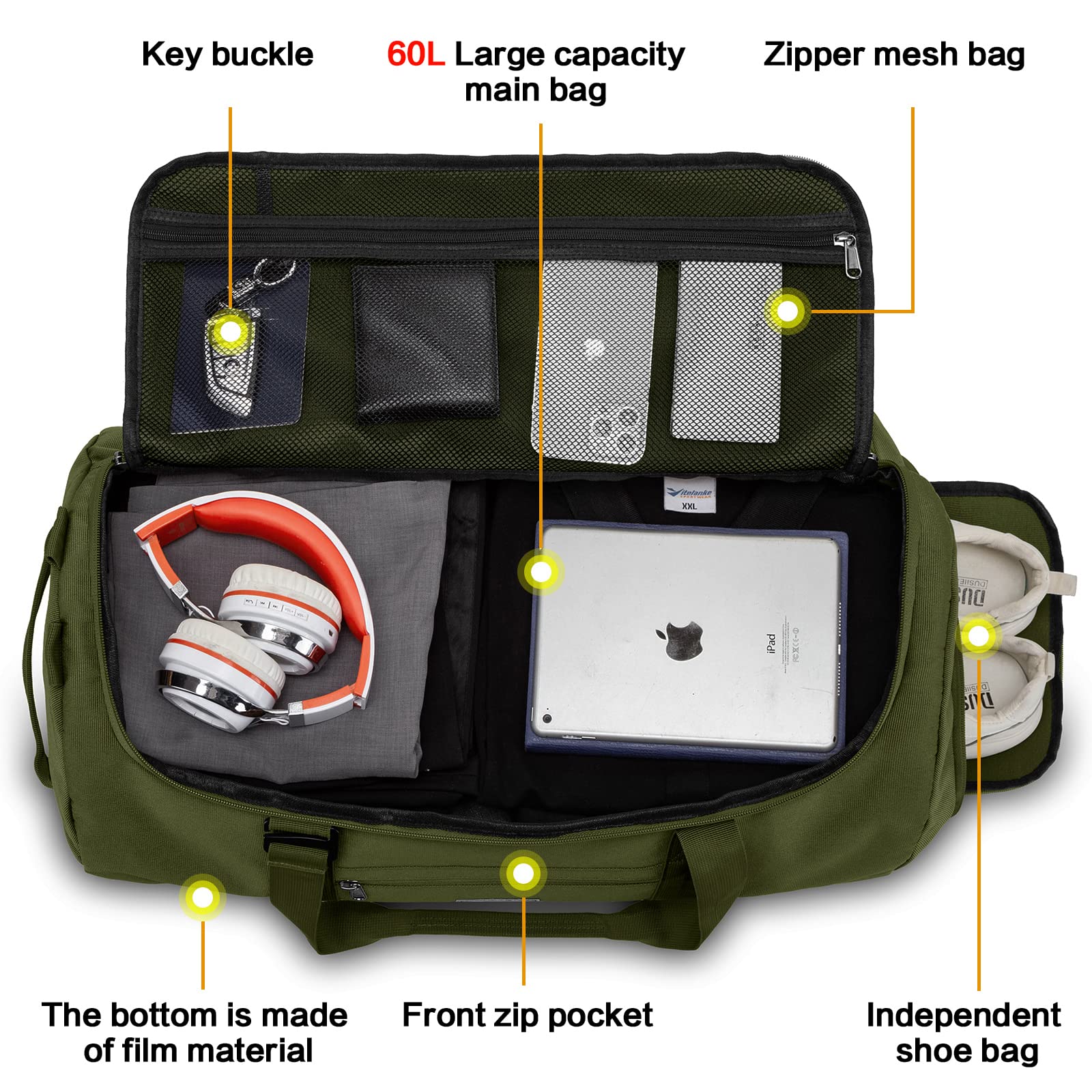 Lyweem Travel Duffel Bag for Men Duffle Bag Large Size for Women Weekender Overnight with Shoes Compartment Multifunctional Gym Bags 60L, Green