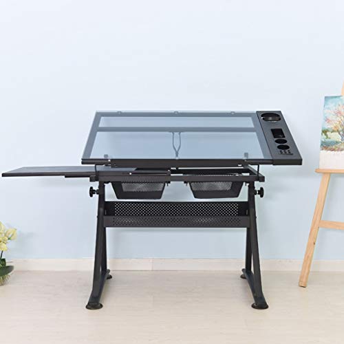 EESHHA Drawing Table Drafting Table with Storage, Height Adjustable Tiltable Art Desk, Glass Panel Drawing Desk, for Work Study Painting Craft Table
