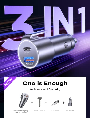LISEN PD45W&QC24W USB C Car Charger Samsung Car Charger, 3 in 1 Super Fast Charging Adapter