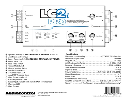 AudioControl LC2i PRO 2-Channel Line Output Converter with Impedance Matching, AccuBASS, GTO, Audio Signal Sense, 12V Turn-On and ACR-1 Dash Remote Subwoofer Control