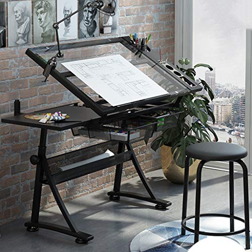 EESHHA Drawing Table Drafting Table with Storage, Height Adjustable Tiltable Art Desk, Glass Panel Drawing Desk, for Work Study Painting Craft Table