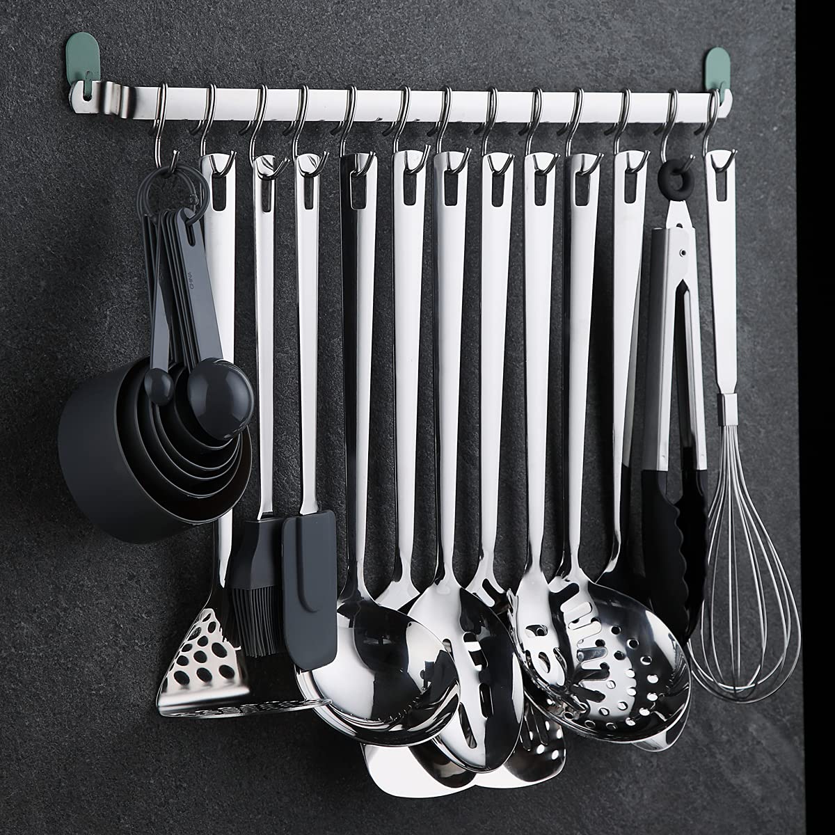 Kyraton Kitchen Utensil Rack, Kitchen Rack,Rail Rack Organizer for Hanging Knives,Mug Rack, Spatula Rack, Hanging Pot Rack Utensil Holder, Wall Mounted Gourmet Kitchen Rail with 14 Hooks