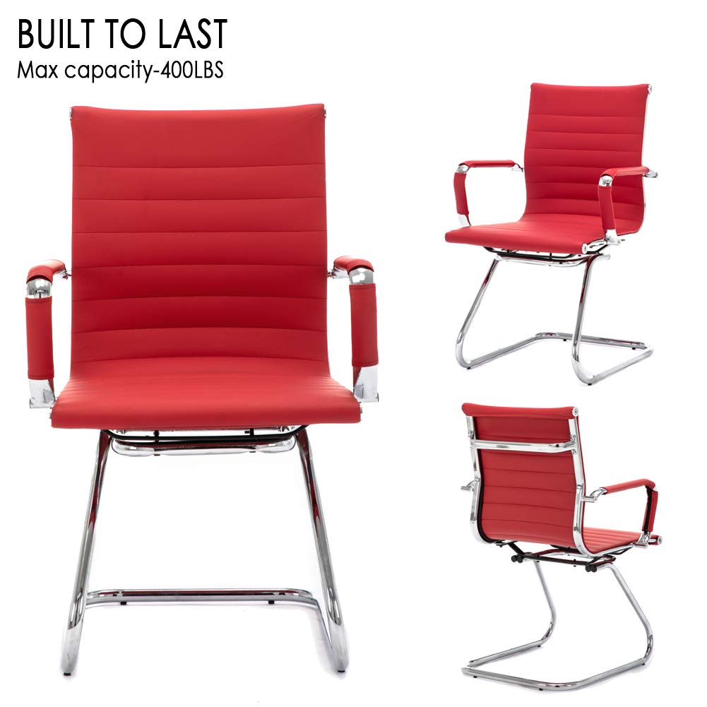 DM Furniture No Wheels Reception Chairs Guest Chair Leather Conference Chairs Back Support Heavy Duty Office Chair, Set of 2 (Deep Red)