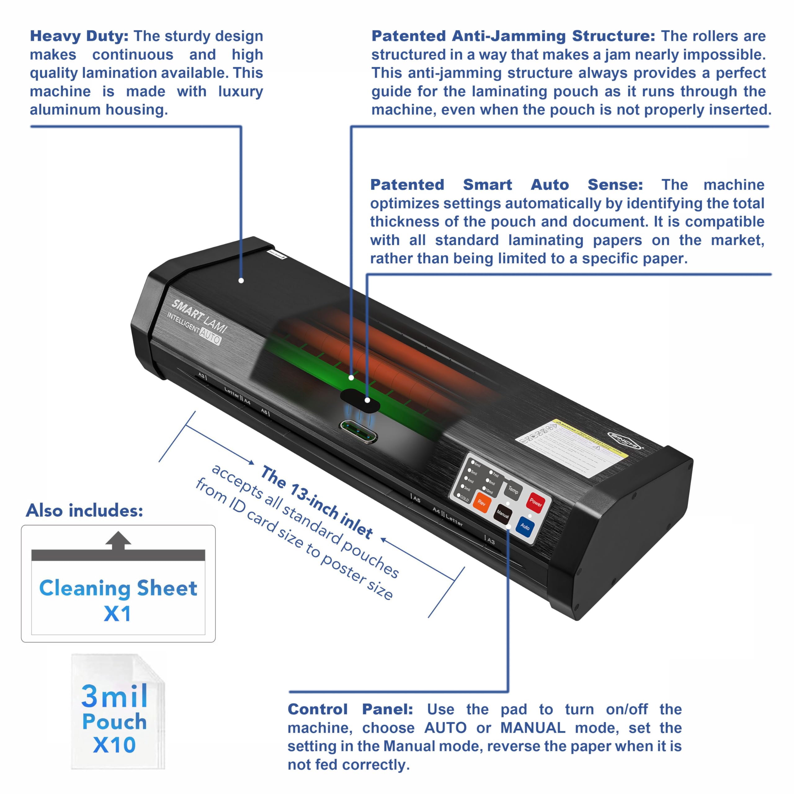 SINCHI Auto Sense, 3-10 mil, 13-inch Laminating Machine for Business/ Office/ School, 50-Second Warm-up Never-Jam Heavy Duty Thermal Laminator Machine 11x17, for foils as Well