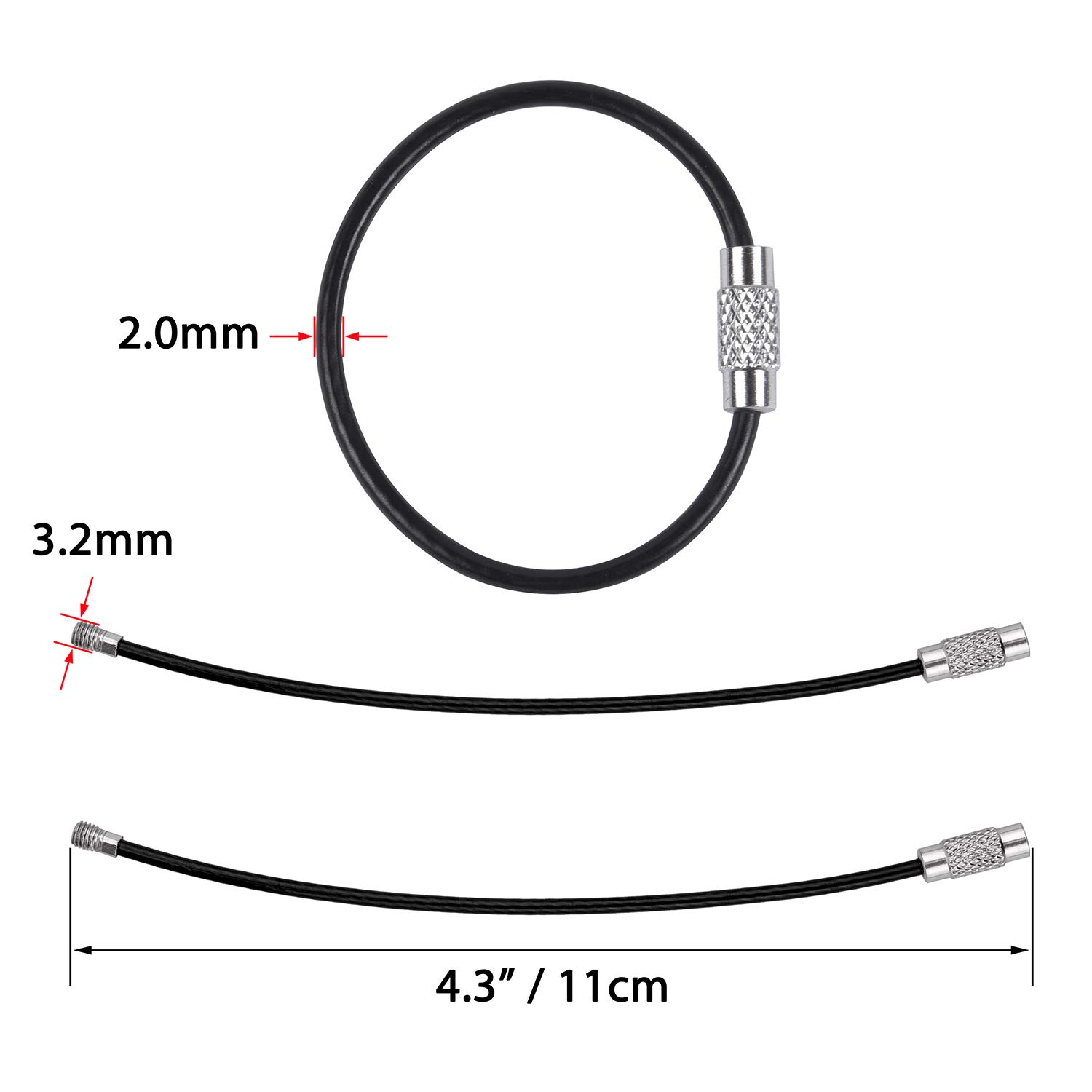 Keychain, Wisdompro 12 Pack of 4.3 Inches Stainless Steel Wire Ring 2mm Cable Loop Rings for Hanging Luggage Tag, Keys and ID Tag Keepers - Black