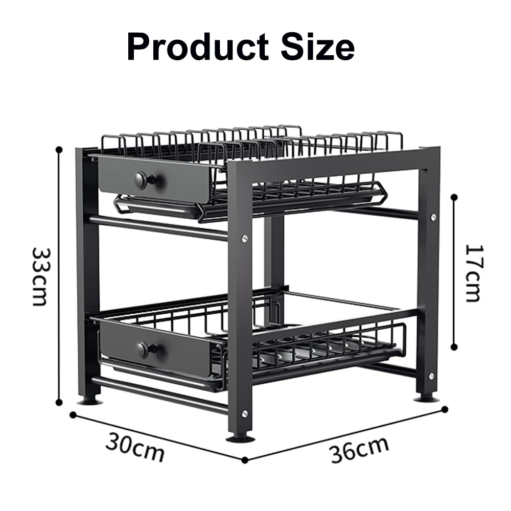 2 Tier Dish Drying Rack for Kitchen Counter, LUNASEA Dish Rack with Drainboard, Black Dish Drainer Set with Anti-Slip Suction Cups, Large Capacity Dish Strainers for Kitchen Countertop Saving Space