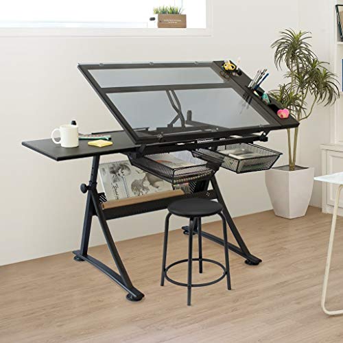 EESHHA Drawing Table Drafting Table with Storage, Height Adjustable Tiltable Art Desk, Glass Panel Drawing Desk, for Work Study Painting Craft Table