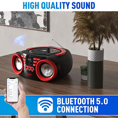 Pyle Portable CD Player Bluetooth Boombox Speaker - AM/FM Stereo Radio & Audio Sound, Supports CD-R-RW/MP3/WMA, USB, AUX, Headphone, LED Display, AC/Battery Powered, Red Black - PHCD22.5
