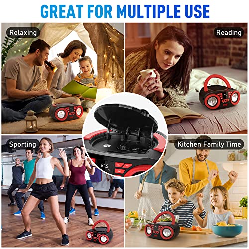Pyle Portable CD Player Bluetooth Boombox Speaker - AM/FM Stereo Radio & Audio Sound, Supports CD-R-RW/MP3/WMA, USB, AUX, Headphone, LED Display, AC/Battery Powered, Red Black - PHCD22.5