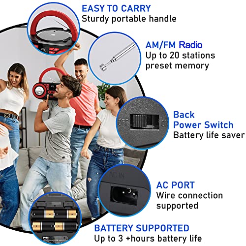 Pyle Portable CD Player Bluetooth Boombox Speaker - AM/FM Stereo Radio & Audio Sound, Supports CD-R-RW/MP3/WMA, USB, AUX, Headphone, LED Display, AC/Battery Powered, Red Black - PHCD22.5