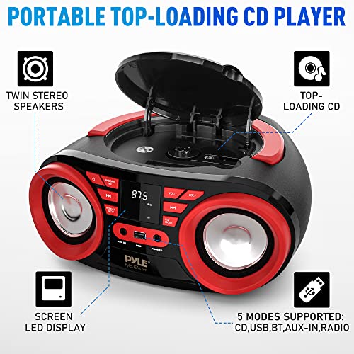 Pyle Portable CD Player Bluetooth Boombox Speaker - AM/FM Stereo Radio & Audio Sound, Supports CD-R-RW/MP3/WMA, USB, AUX, Headphone, LED Display, AC/Battery Powered, Red Black - PHCD22.5