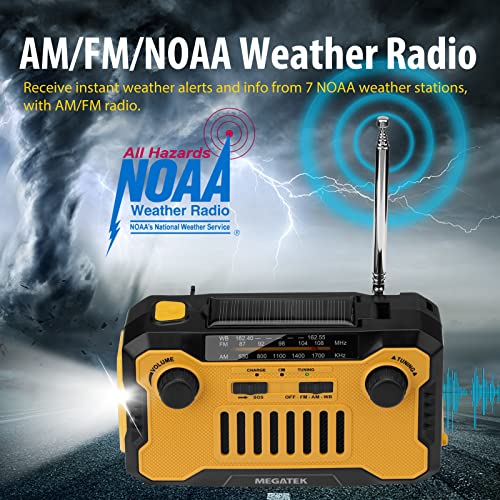 Megatek NOAA Emergency Weather Radio with 5000mAh Phone Charger, Hand-Crank/Solar/Battery Powered Survival Radio with AM/FM, SOS Alarm, Flashlight & Reading Light, USB-C Rechargeable [2022-New]