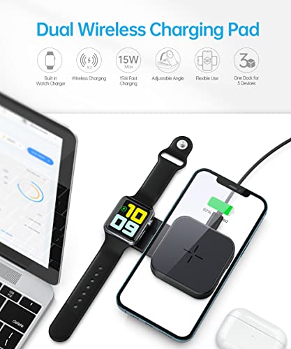 MURCIA 2 in 1 Magnetic Wireless Charger, Folding Dual Fast Magnetic Wireless Charging Station Stand Compatible with iPhone 13/12/ Pro Max/Mini/Apple Watch Se/7/6/5/4/3/2/1