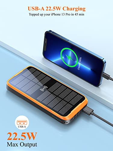RETMSR Portable Charger, 38800mAh Solar Charger 10W Wireless QC3.0 22.5W PD 20W Fast Charging, Battery Pack with Built-in 3 Cables Super Bright Flashlight, 5 Outputs Power Bank for Cell Phone Tablet