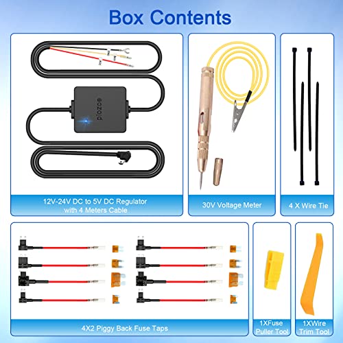 Dash Cam Hardwire Kit, G Sensor Smart Parking Mode Cable Mini USB Hard Wire Kit Fuse for Dashcam, Plozoe 12V-24V to 5V/2A Car Dash Camera Charger Power Cord(13ft)