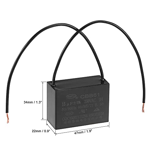 uxcell Ceiling Fan Capacitor CBB61 15uF 250V AC 2 Wires Metallized Polypropylene Film Capacitor 47x34x22mm for Electric Fan Pump Motor Generator