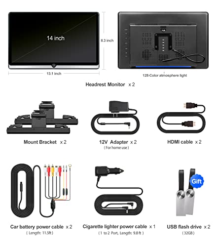 14 inch New 4K Android 10.0 Portable Car TV Headrest Monitor Tablet for Back seat, Support Phone Wireless mirroring Touch Screen,with WiFi/Bluetooth/HDMI/USB/SD/FM/Airplay Video Player 2G+32G(2*PCs)