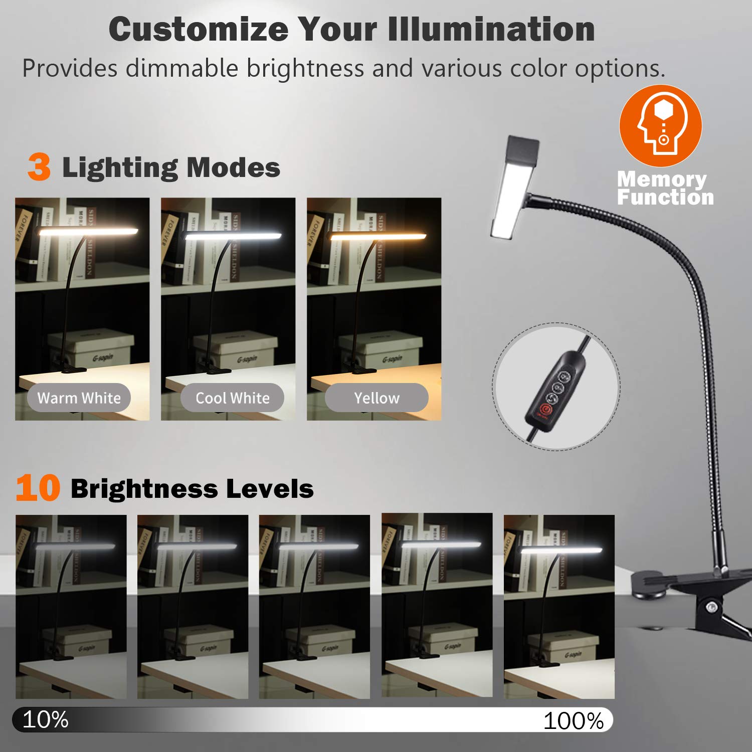 LED Desk Lamp with Clamp, CELYST Music Stand Light with Flexible Gooseneck, 3 Color Modes & 10 Brightness Levels Clip Lamp, 5W Clamp Light for Piano, Bed, Headboard, Drafting Table, Video Conferencing