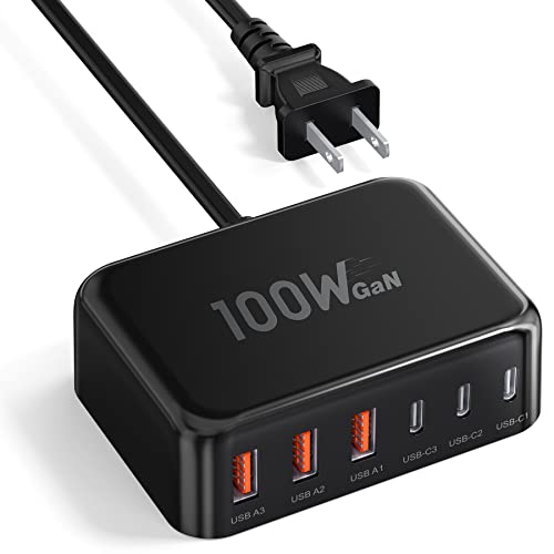 USB C Charger Block, 100W GaN 6 Port Fast C Type USB C Charging Station Hub, USB C Wall Charger Power Strip Adapter 3 USB C 3 QC USB A for iPad iPhone 14 13 12 11 Pro Max Pixel Note Galaxy, 5ft Cord