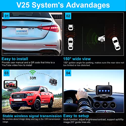 DoHonest Wireless Backup Camera HD 1080P 5β Split Screen Monitor System for Truck Car Camper Small RV Bluetooth Rear View Cam 2.4G Stable Digital Signal Two Channels Night Vision Waterproof V25