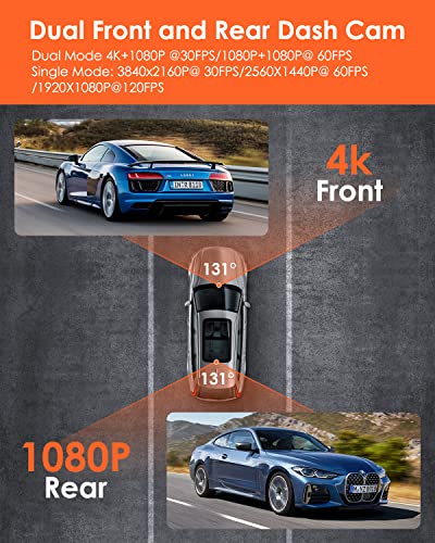 Vantrue X4S Duo True 4K Dual WiFi Dash Cam with Free APP, 4K+1080P Front and Rear Dash Camera, 24 Hours Parking Mode, Super Night Vision, Motion Detection, Front 60FPS, Capacitor, Support 512GB Max