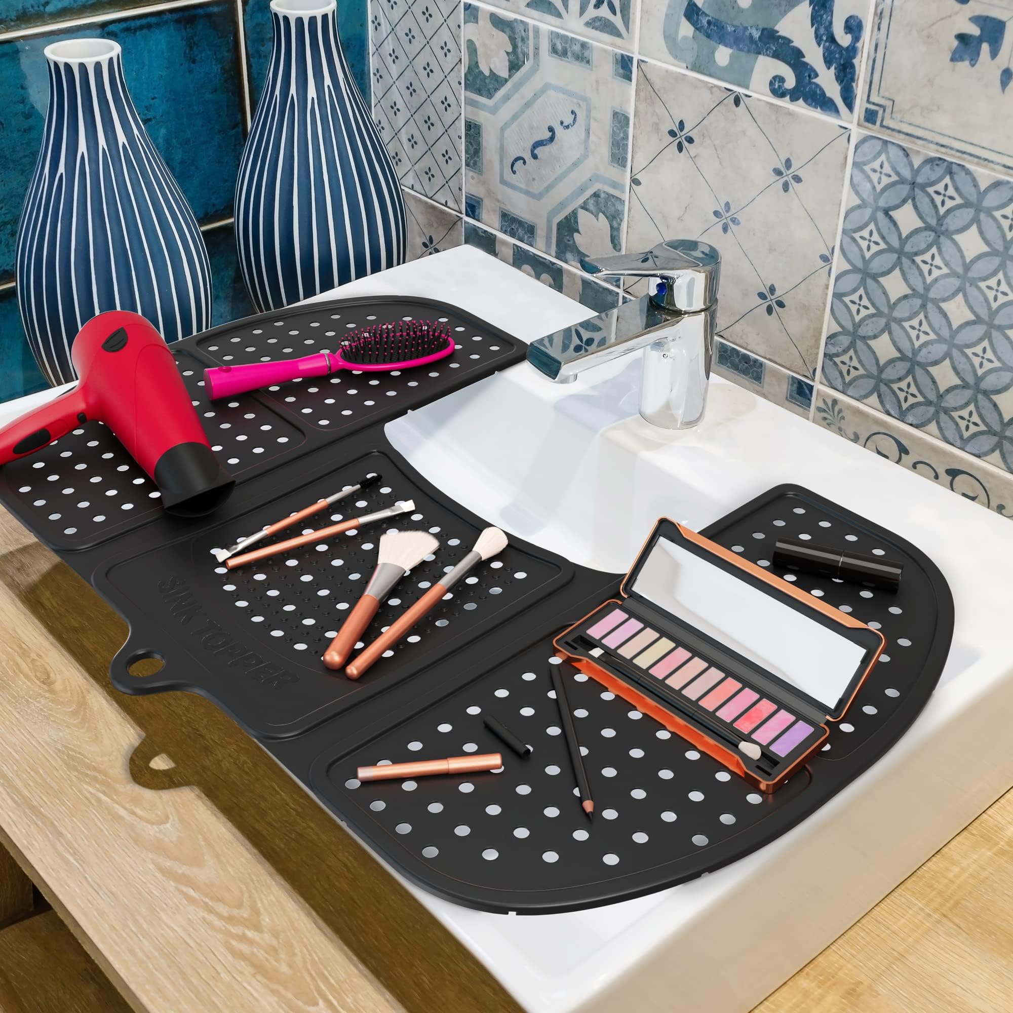 Sink Topper, Foldable Bathroom Sink Cover for Counter Space. Makeup Organizer Mat and Must Have Bathroom Gadget. Standard, Black.