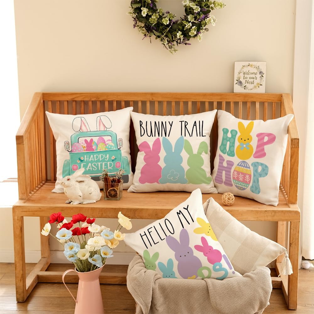 GEEORY Easter Pillow Covers 18x18 Set of 4 Easter Decorations for Home Bunny Truck Hello Peeps Hip Hop Pillows Easter Decorative Throw Pillows Spring Easter Farmhouse Decor