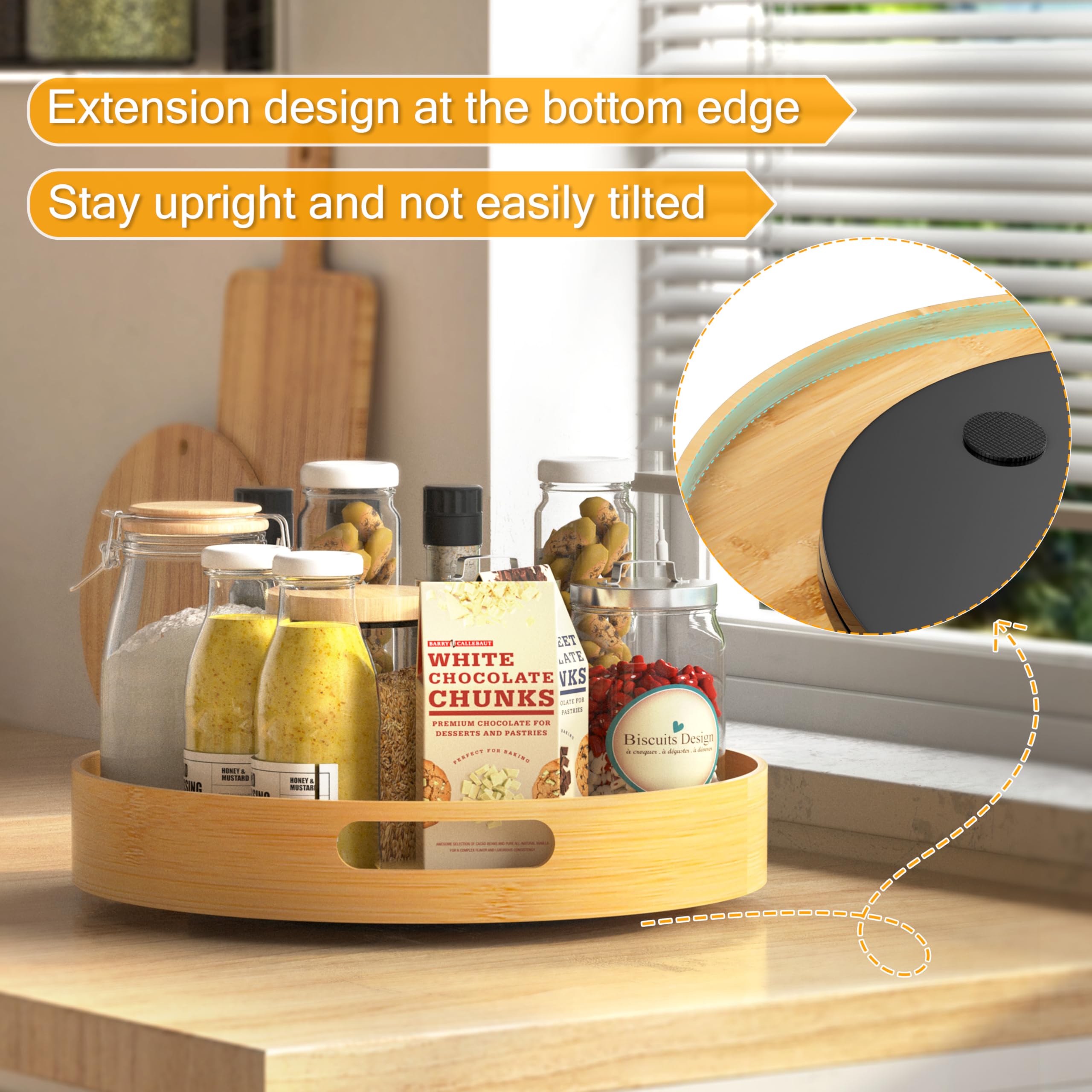 Homerays 12 Inch Lazy Susan Organizer, Kitchen Rotating Spice Rack, Bamboo Lazy Susan with Double Handles for Kitchen Cabinet (Bamboo, Medium)