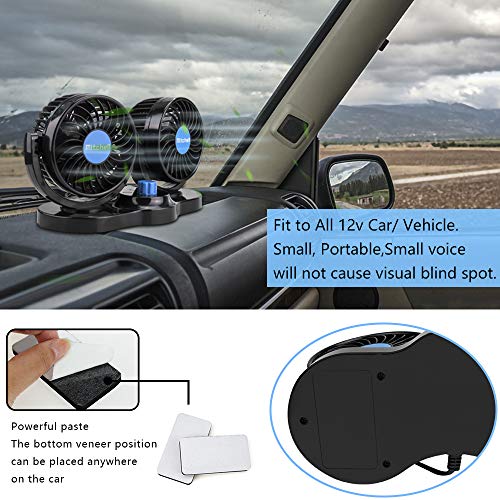 Jhua 12V Electric Car Fan 360 Degree Rotatable 2 Speed 4in Dual Head Car Auto Cooling Air Circulator Fan Quiet - Cigarette Lighter for Van SUV RV Boat Auto Vehicles Golf (Black