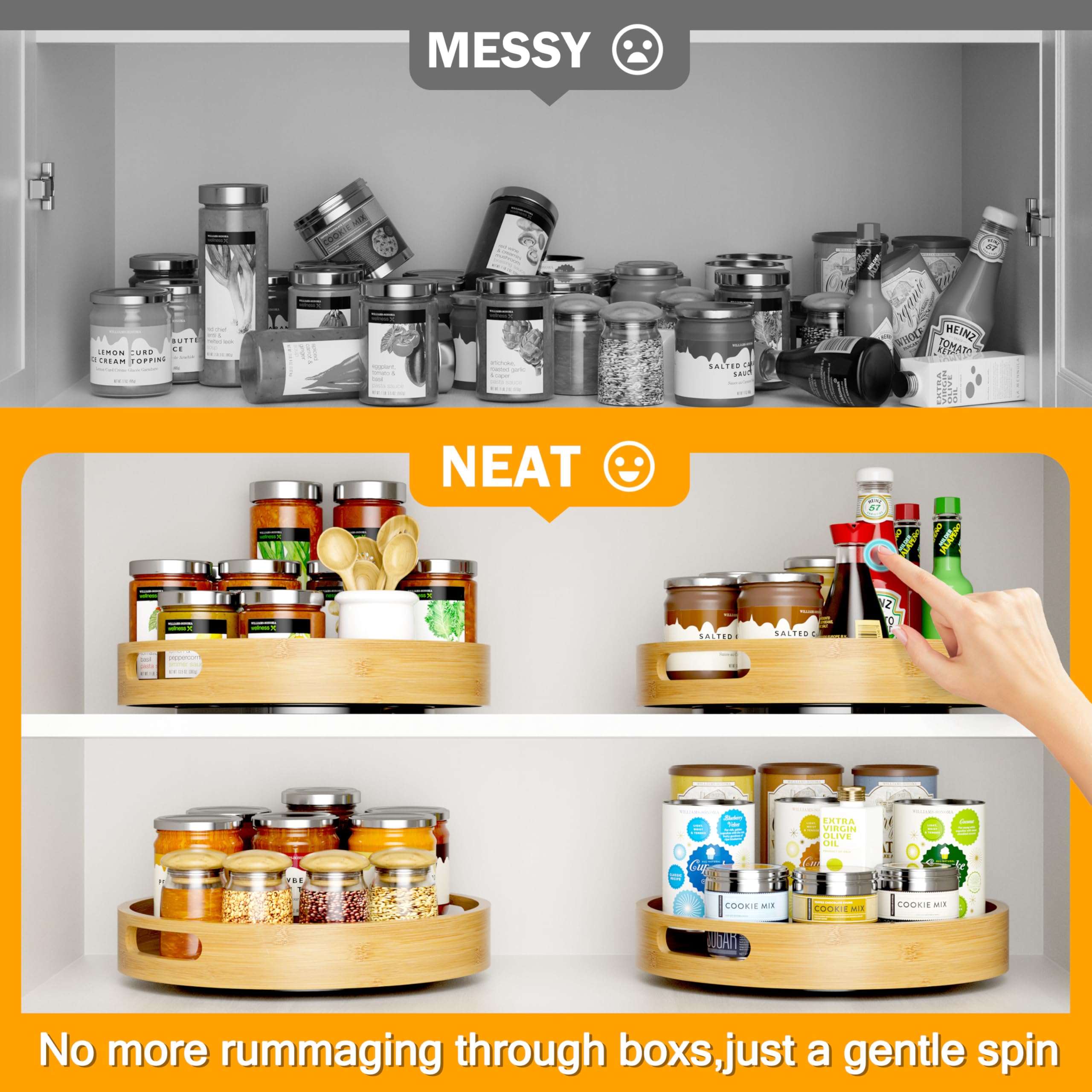 Homerays 12 Inch Lazy Susan Organizer, Kitchen Rotating Spice Rack, Bamboo Lazy Susan with Double Handles for Kitchen Cabinet (Bamboo, Medium)