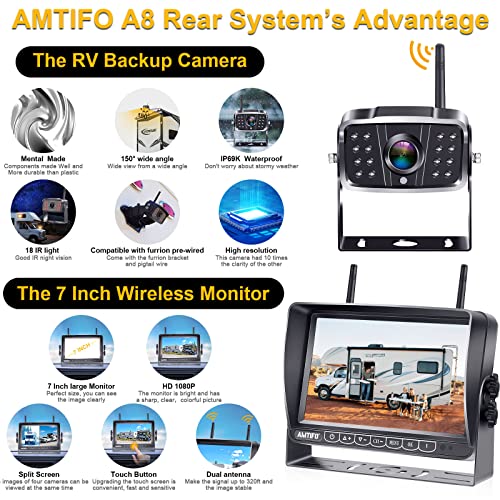 AMTIFO RV Backup Camera Wireless HD 1080P 7'' Split Screen DVR Monitor Bluetooth Trailer Rear View Cam 4 Channel System Truck Camper Infrared Night Vision Adapter for Furrion Pre-Wired RVs A8