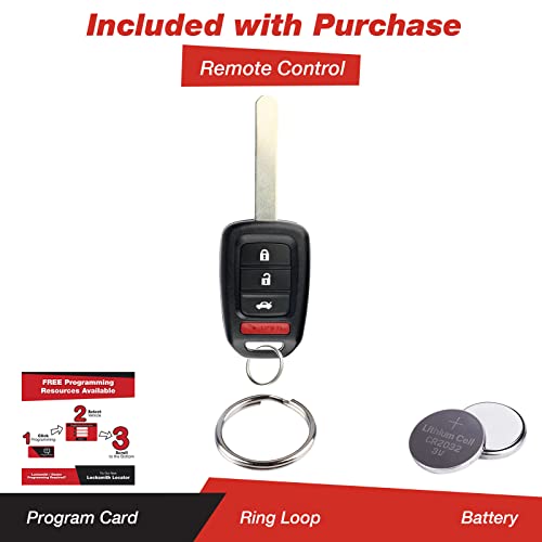 KeylessOption Keyless Entry Remote Fob Uncut Ignition Car Key for 2014-2015 Honda Civic, CR-V 2013-2016 Honda Accord MLBHLIK6-1T