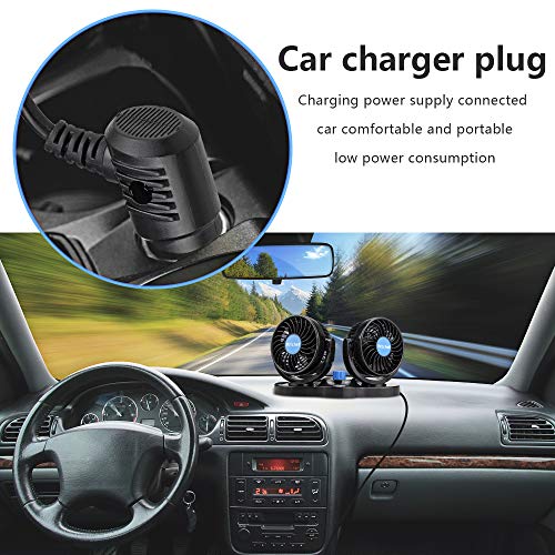 Jhua 12V Electric Car Fan 360 Degree Rotatable 2 Speed 4in Dual Head Car Auto Cooling Air Circulator Fan Quiet - Cigarette Lighter for Van SUV RV Boat Auto Vehicles Golf (Black