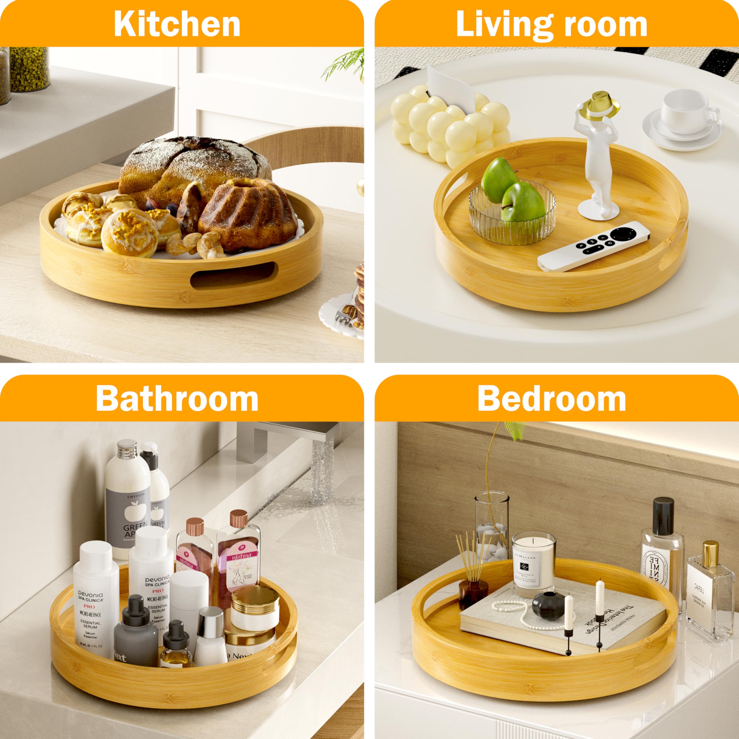 Homerays 12 Inch Lazy Susan Organizer, Kitchen Rotating Spice Rack, Bamboo Lazy Susan with Double Handles for Kitchen Cabinet (Bamboo, Medium)