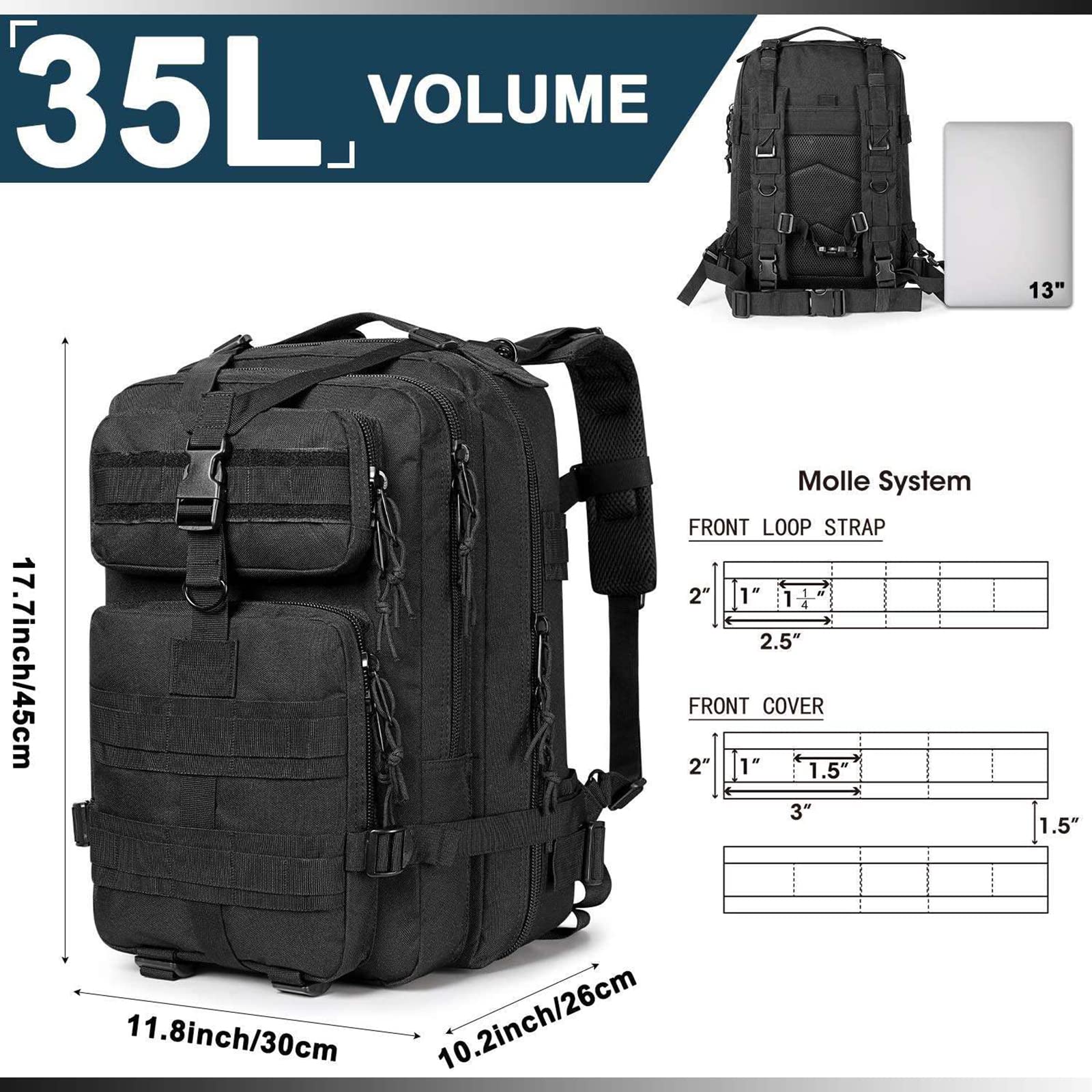 G4Free Tactical Shoulder Backpack Assault Survival Pack Molle Bug Out Bag Rucksack Black 35L