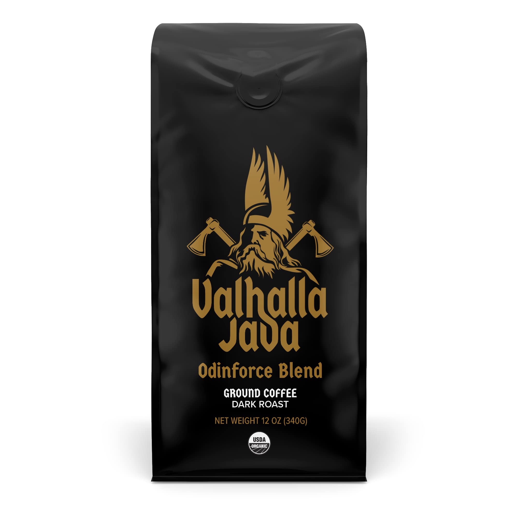 Death Wish Coffee Valhalla Java Dark Roast Grounds, 12 Oz, Extra Kick of Caffeine, Bold & Intense Blend of Arabica Robusta Beans, USDA Organic Ground Coffee, Powerful Coffee for Morning Boost