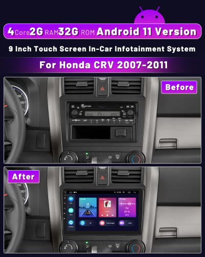 2G RAM 32G ROM for Honda CRV 2007-2011 Radio Android 11 Car Stereo with Wireless Apple Carplay Android Auto, Hikity 9 Inch Touch Screen with Bluetooth Backup Camera/WiFi/SWC/GPS Navigaion/HiFi