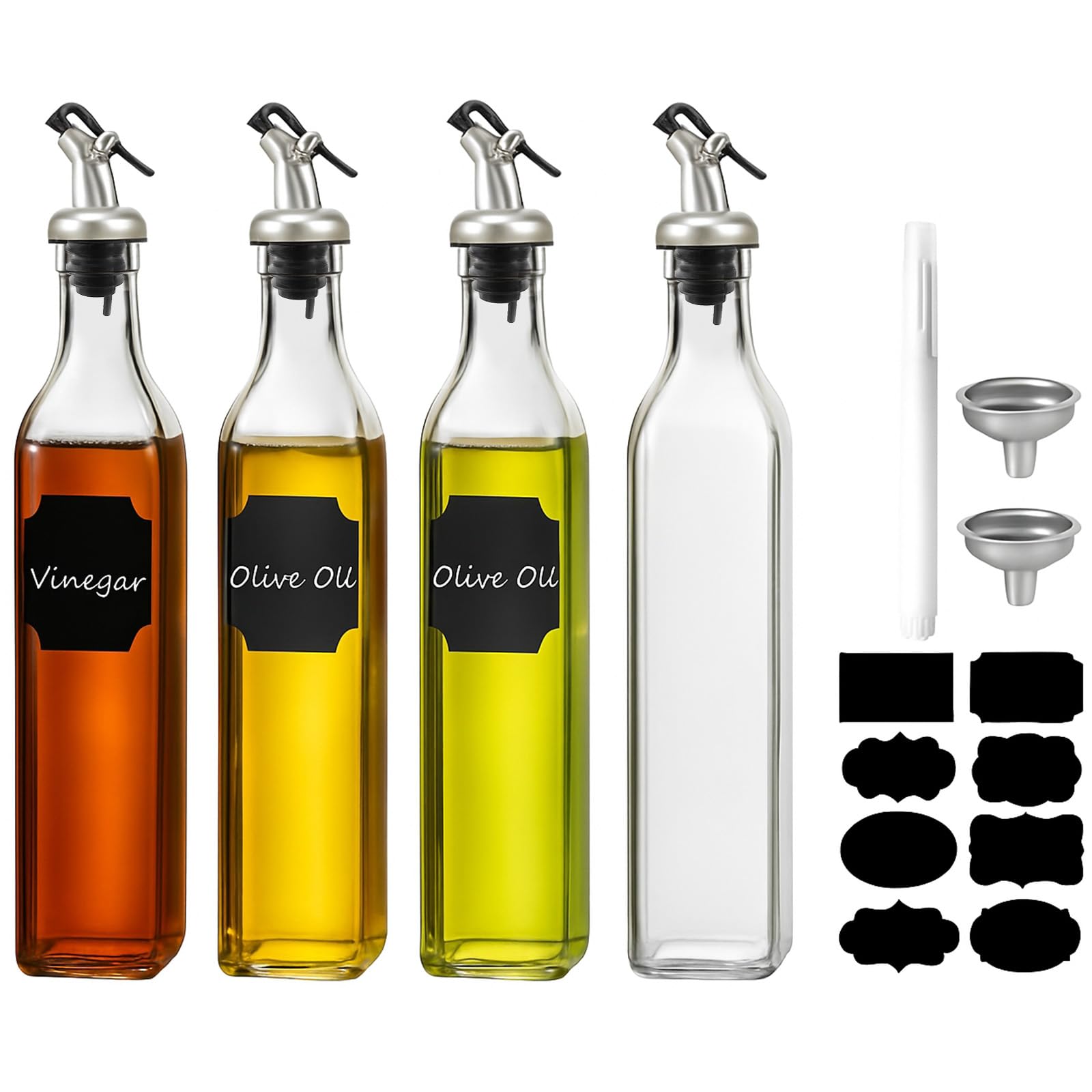 WERTIOO Oil Dispenser Bottle 4 Pack 17 OZ Glass Olive Oil and Vinegar Dispenser Set Oil Container with Funnel & Pen and Tag for Kitchen