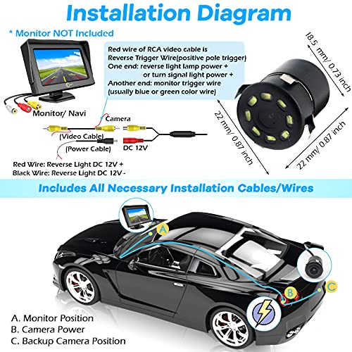 Rear View Camera, 18.5 mm CCD Reverse Backup Camera, 170° Viewing Angle Reversing Camera Night Vision with 8 LED Lights, Parking Camera Waterproof for 12V Car RV SUV Minivan Camper