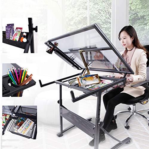 EESHHA Drawing Table Drafting Table with Storage, Height Adjustable Tiltable Art Desk, Glass Panel Drawing Desk, for Work Study Painting Craft Table