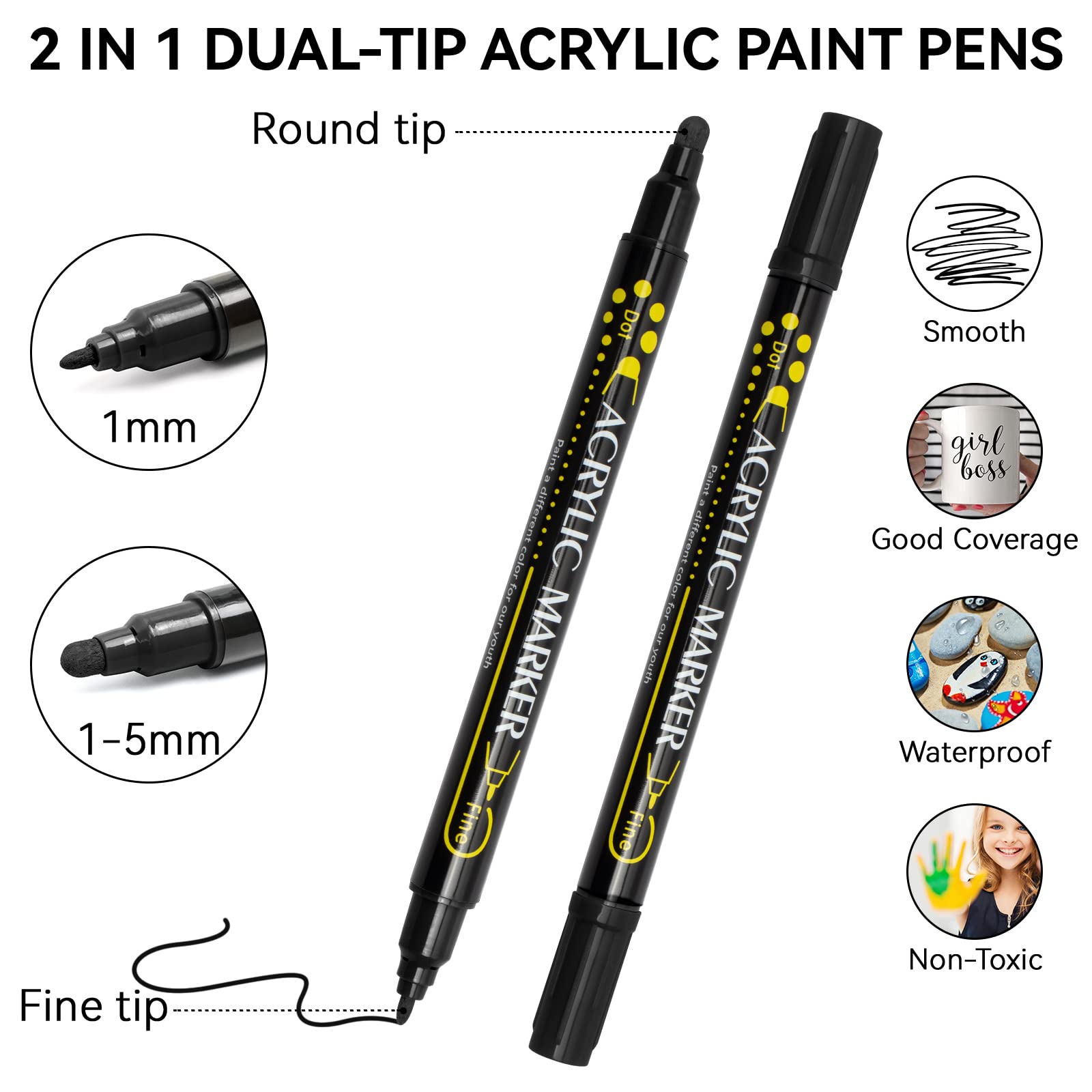 Tesquio Black Paint Marker, 8 Pack Dual Tip Acrylic Paint Pens, Ideal for Wood, Rock Painting, Canvas, Stone, Glass, Ceramic
