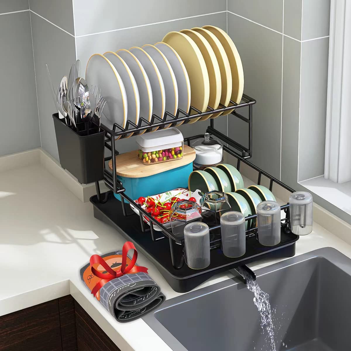 PINNIYOU Dish Drying Rack with Drainboard Set, 2 Tier Large Dish Racks with Drainage, Wine Glass Holder, Utensil Holder, Dish Drainers for Kitchen Counter (Black)