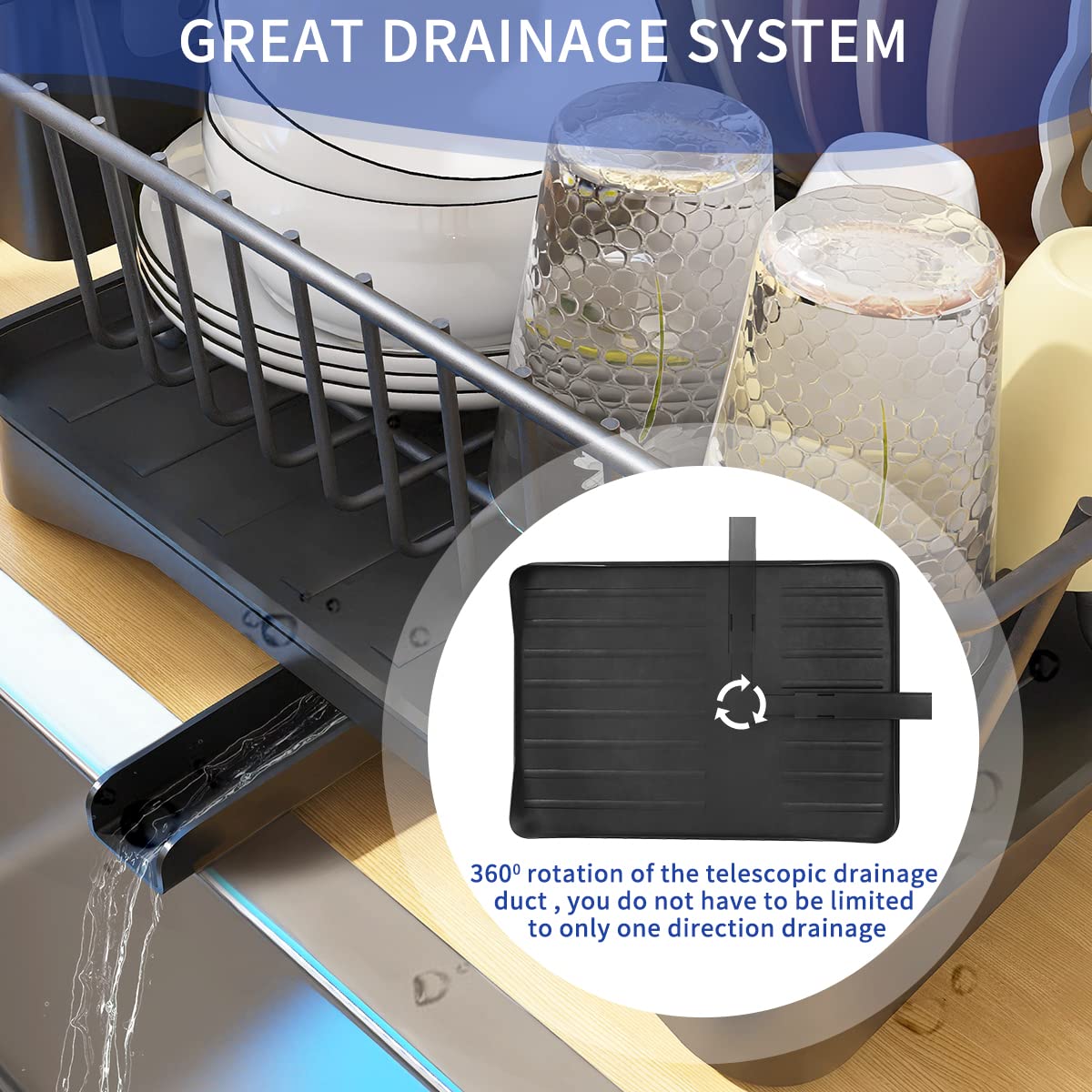 PINNIYOU Dish Drying Rack with Drainboard Set, 2 Tier Large Dish Racks with Drainage, Wine Glass Holder, Utensil Holder, Dish Drainers for Kitchen Counter (Black)