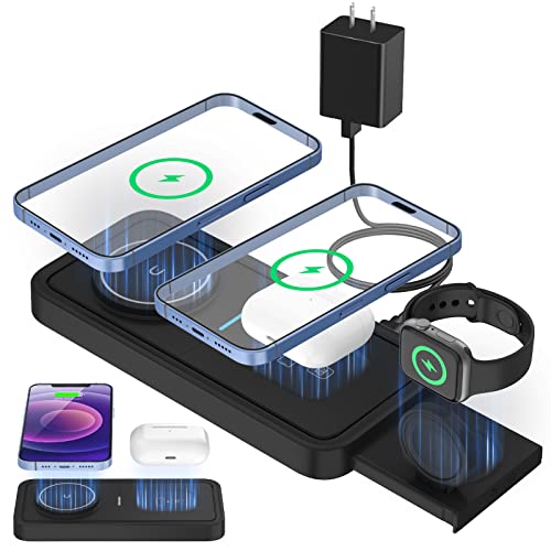 Wireless Charging Pad, Mag-Safe Charger Stand Compatible with Magsafe iPhone 14/13/12, Apple Watch Ultra/8/7/SE2/Airpods 1 2/ Pro1 2, 3-in-1 Magnetic Wireless Charging Station(QC 3.0 Adapter)
