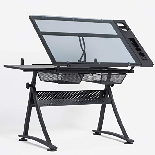 EESHHA Drawing Table Drafting Table with Storage, Height Adjustable Tiltable Art Desk, Glass Panel Drawing Desk, for Work Study Painting Craft Table