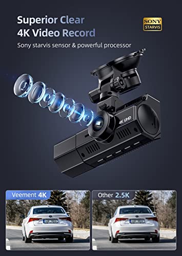 4K Dual Dash Cam Front and Inside, Veement Dash Car Camera with GPS, 2160P Front+1080P Inside Rear Camera for Cars, Sony Starvis Sensor, Infrared Night Vision, 24H Motion Detection Parking Mode