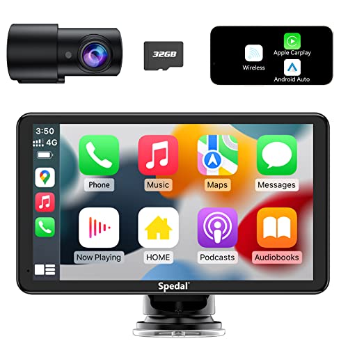 Spedal Wireless Apple Carplay & Android Auto, Portable 7 Inch IPS Touchscreen Car Stereo with Front Camera, Bluetooth Handsfree, WiFi, AirPlay, AUX/FM Transmitter Supports Most Car Models