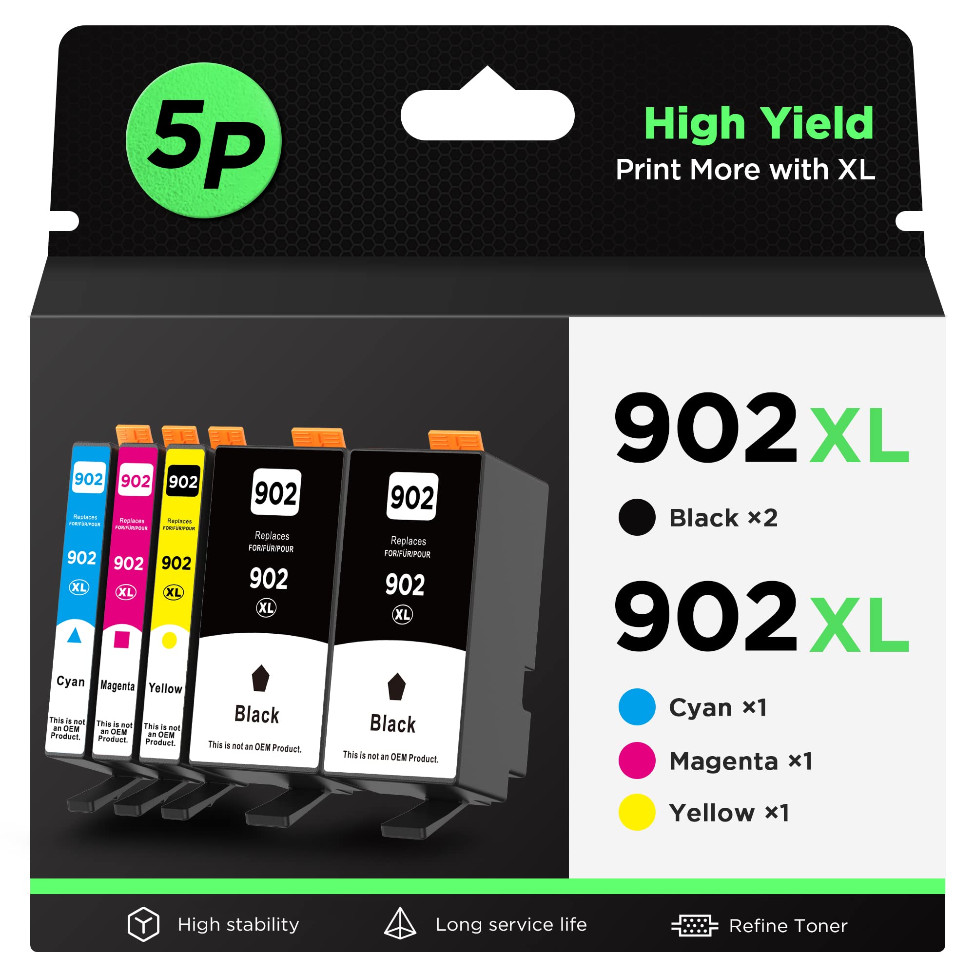 902 XL 5-Pack Ink Cartridges Compatible with HP 902XL 902 High Yield, Compatible with OfficeJet Pro 6978 6968 6958 6962 6970 6954 6960 6979 6950 Printer(2 Black, 1 Cyan,1 Magenta,1 Yellow)